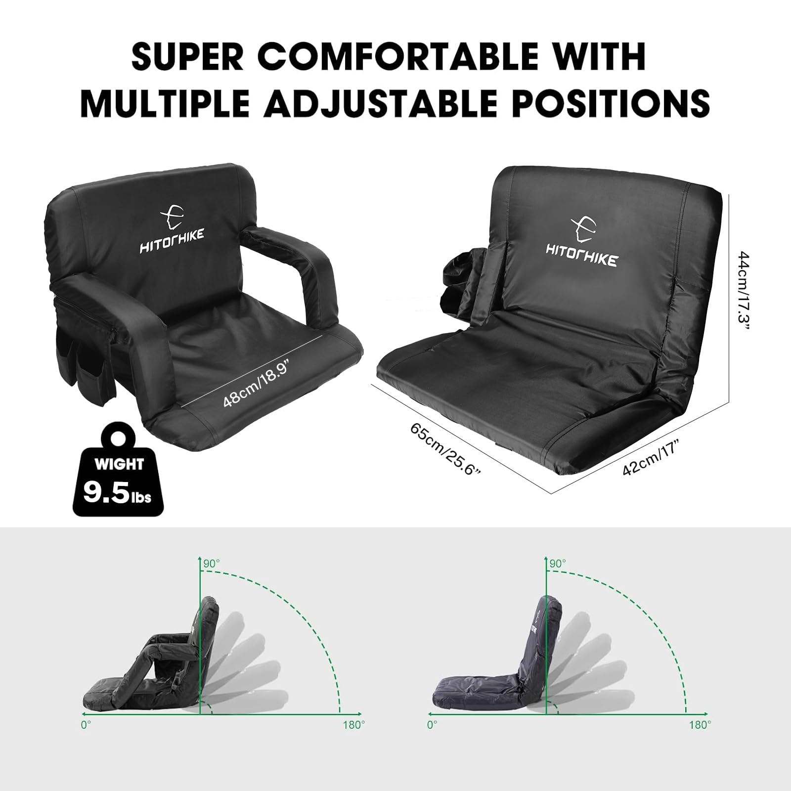 HITORHIKE Stadium Seat for Bleachers or Benches Portable Reclining Stadium Seat Chair with Padded Cushion Chair Back and Armrest Support(Black2PCS,21",1PC)