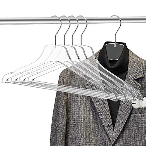 Quality Acrylic Clear Lucite Hangers 5-Pack with Bar Chrome Hooks for Clothes, Pants, Suit Jackets, Coats, and Shirts, Closet and Wardrobe Organization (Chrome/Gloss Silver Hook, 5)