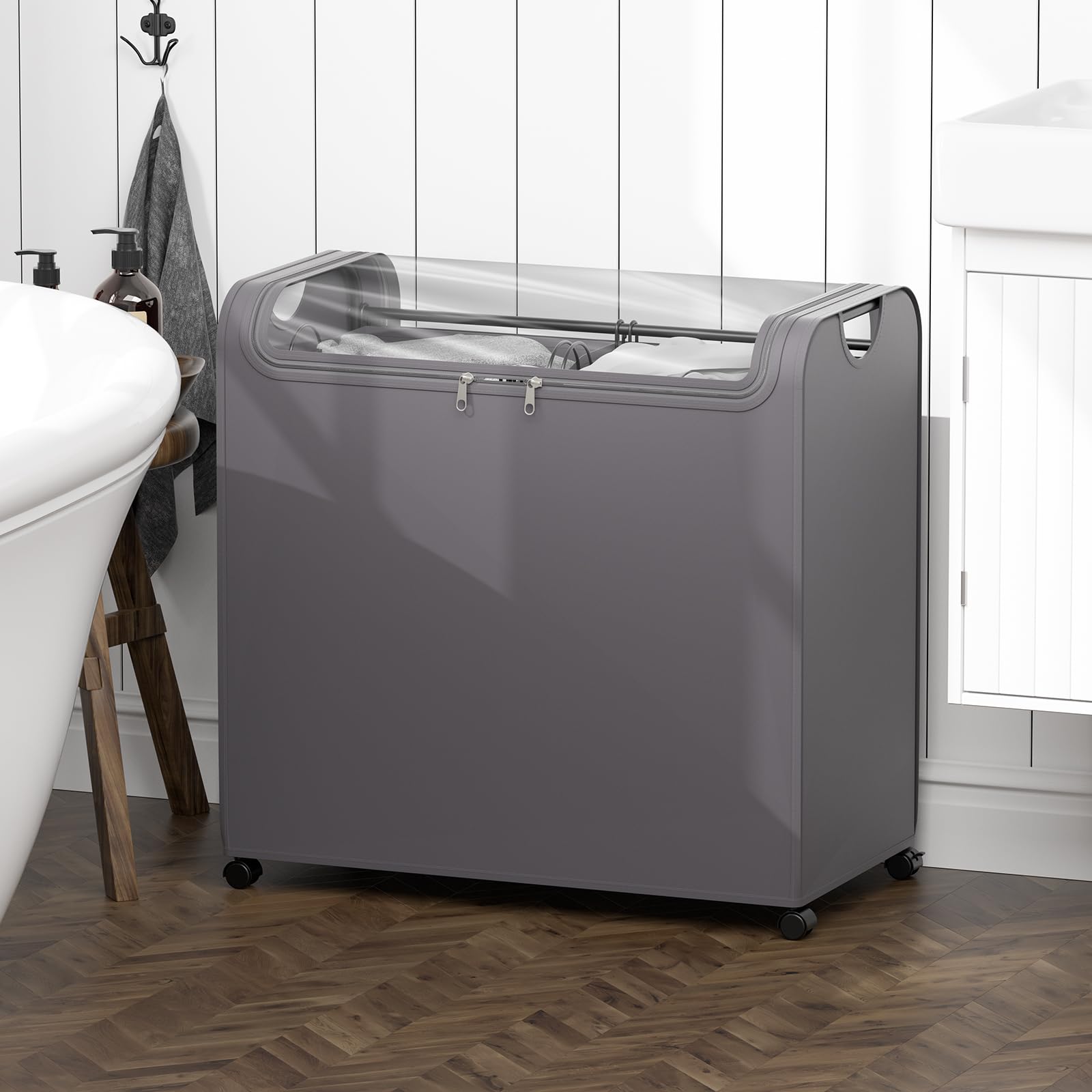 Tinpin Double Laundry Hamper with Lid, Laundry Basket with Wheels, 96 L Laundry Sorter, Dirty Clothes Hamper for Laundry 2 Section, Dark Grey (Upgrade)