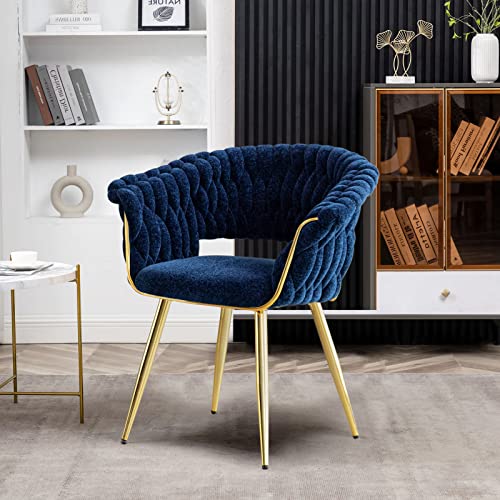 Modern Dining Chairs Chenille Upholstered Dining Chairs with Arms, Knot Woven Living Room Accent Chairs with Gold Metal Legs, Mid-Century Makeup Vanity Chair for Dining Room, Kitchen Bedroom (Blue)
