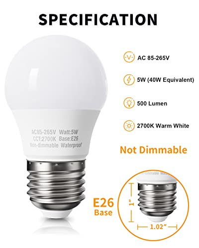 Warm White A15 Appliance Light Bulb, 40W Equivalent, 120V, 2700K, E26 Medium Base, LED Light Bulbs for Refrigerator, Fridge, Freezer, Stove Hood, Range Hood, Waterproof, Shatterproof, Not Dimmable