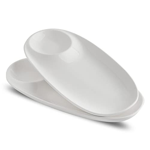 XINLTC 13 inch Ceramic Chip & Dip Platter, Oval Chip and Dip Serving Dish, Divided Serving Platter Perfect for Appetizer, Dessert, Guacamole, Hummus, Veggies, Candy and Snacks-2 pack