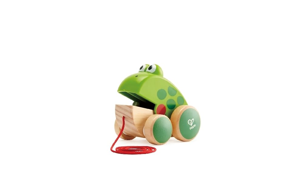 Hape Frog Pull-Along | Wooden Frog Fly Eating Pull Toddler Toy, 4.6 x 3.3 x 3.8 inches, Green