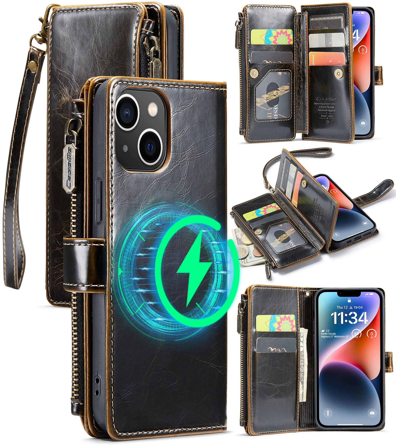 FLIPALM Wallet Case for iPhone 14 Pro(6.1") Flip Case,Compatible with MagSafe Charger,PU Leather Zipper Protective Lanyard Strap Wristlet Case with Magnetic Closure and Card Holder Luxury Coffee