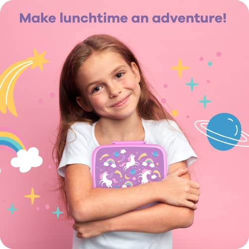 RUVALINO Bento Lunch Box for Kids, 5-Compartment Bento-Style Kids Lunch Box with Utensils, Leak-Proof, Dishwasher Safe, Pre-School Kid Daycare Lunches Snack Container for Ages 5 and up, Unicorn