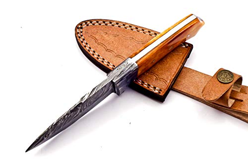 Nooraki SK-REG 44 Custom Handmade Damascus Steel Knife, Hunting knife, Camping knife, Survival Knife, Coloured Bone Handle, Full Tang with Leather Sheath