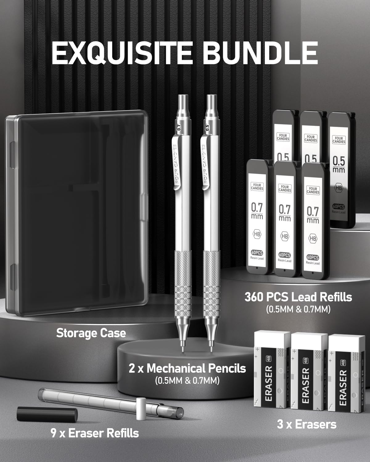 Four Candies 2PCS Metal Mechanical Pencils Set with Case, 0.5mm & 0.7 mm Artist Pencil with 6 Tubes (360PCS) HB Lead Refills, 3 Erasers,9 Eraser Refills For Writing Drafting, Drawing, Silver