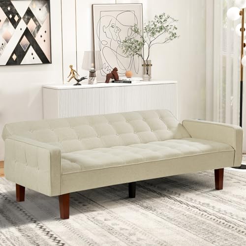 Wonder Comfort 73.62" Linen Futon Sofa Bed, Adjustable Backrest Convertible Loveseat Sleeper Couch with Tapered Wood Legs for Small Space Living Room, Beige