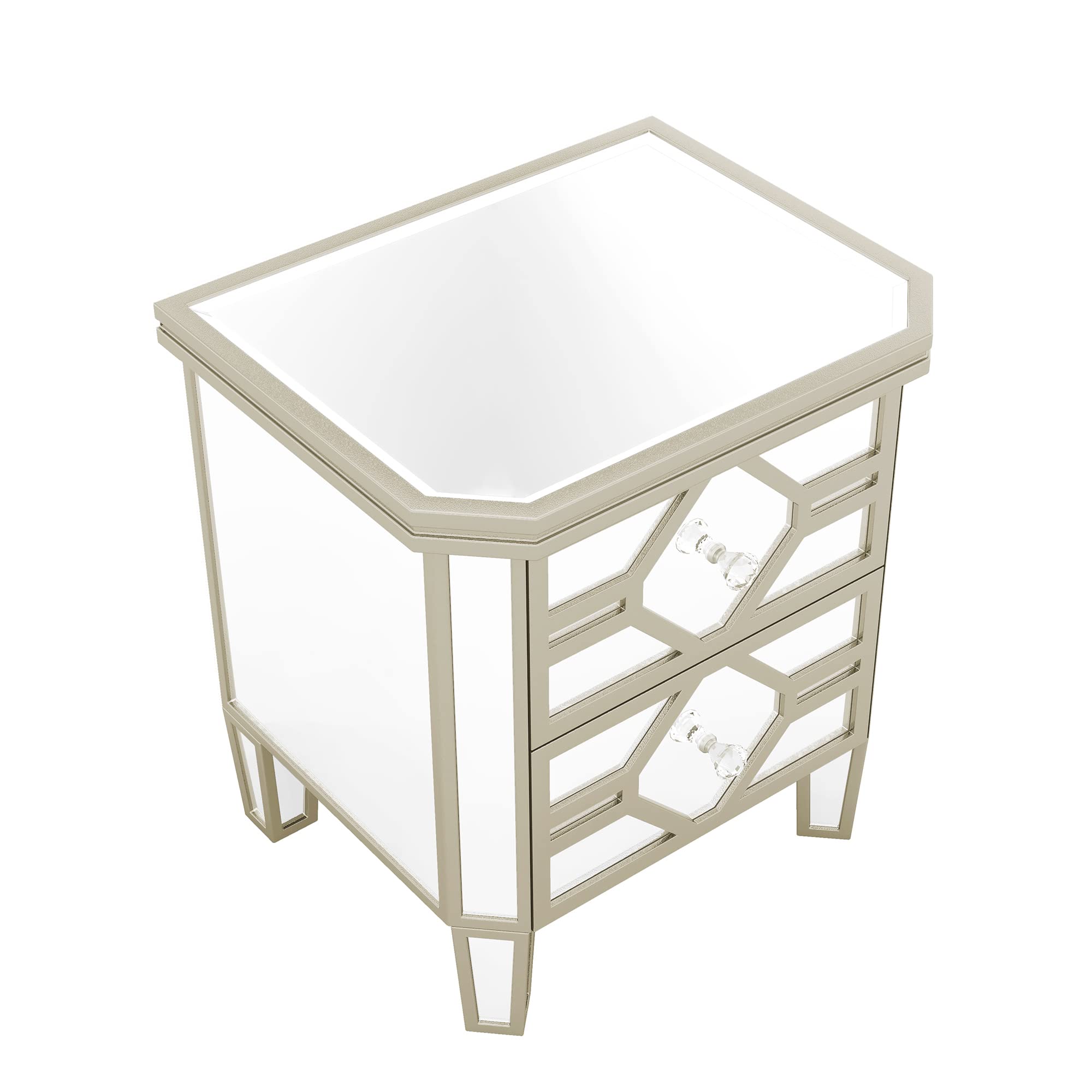 FOURBF Elegant Mirrored 2-Drawer Nightstand with Golden Lines, Side Table for Living Room, Hallway, Entryway