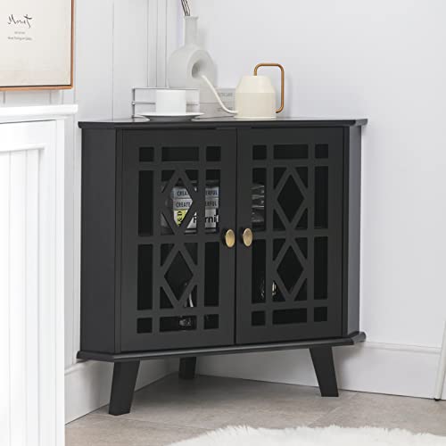 Scurrty Corner Shelf Stand, Small Corner Table Sideboard Cabinet with 2 Doors and 2-Tier Shelves, Free-Standing Corner Storage Organizer for Living Room, Dining Room & Bathroom(Black)