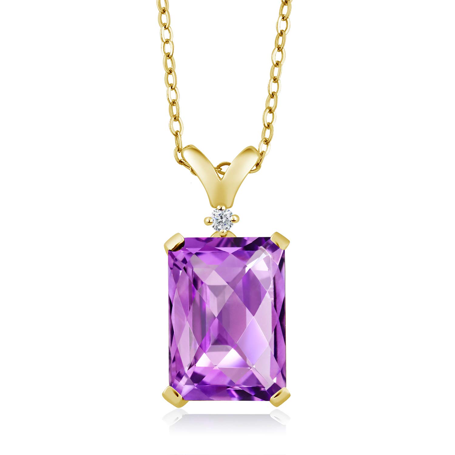 Gem Stone King 7.22 Cttw Purple Amethyst and White Diamond Pendant Necklace For Women In 18K Yellow Gold Plated Silver | Emerald Cut 14X10MM | Gemstone Birthstone | With 18 Inch Chain