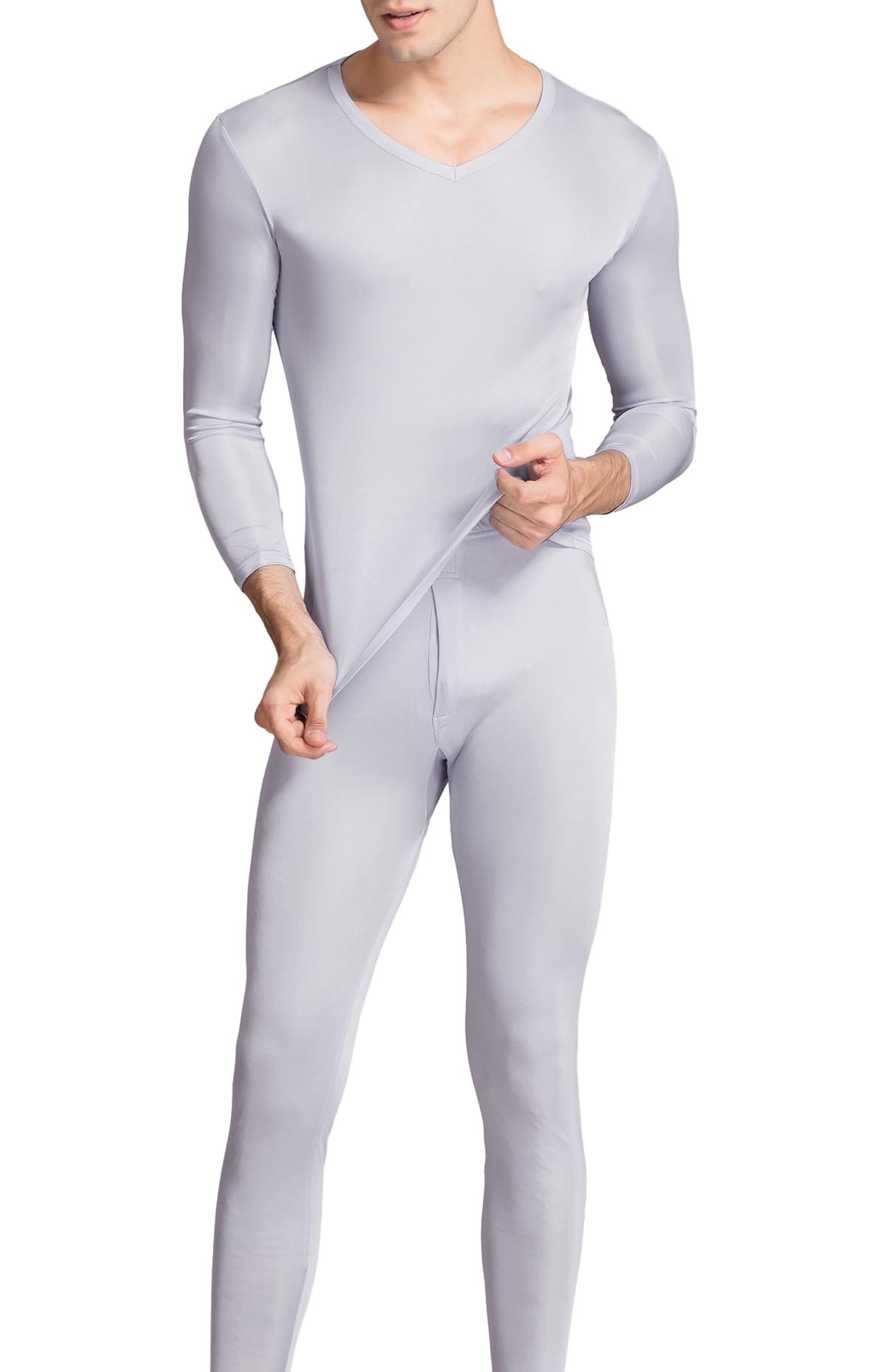 Grenasasilk Men's Silk Long Johns Mulberry Silk Long Underwear V-Neck Breathable Thermal Underwear Sets & Undergarments (L, Silver Grey)