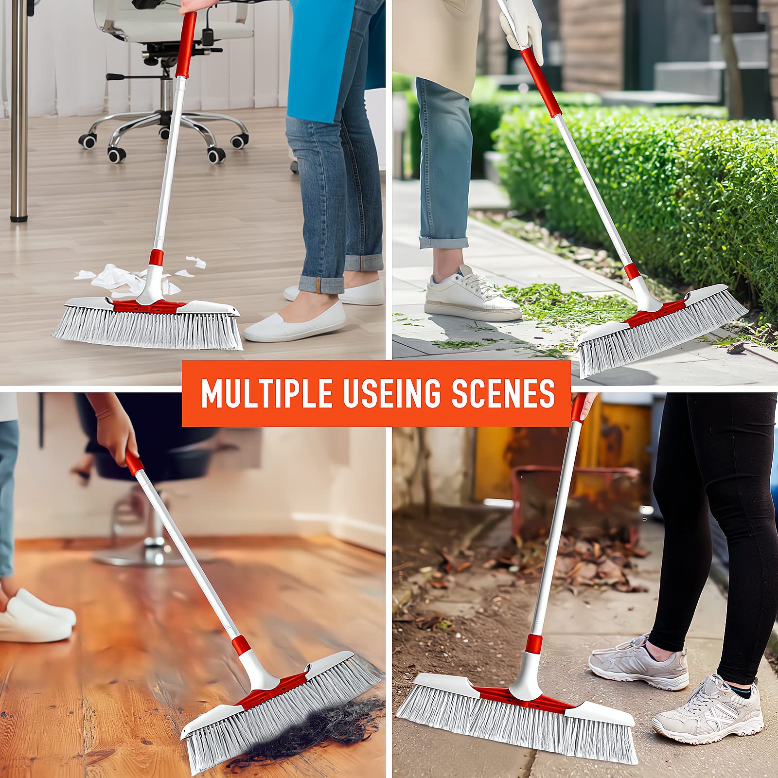 Rebussin® Magic Broom 20 inch - Sweeper with Retractable Head and Thin Bristles for Cleaning Home Kitchen Patio Hall Malls 2023 Upgrades(White with Red)