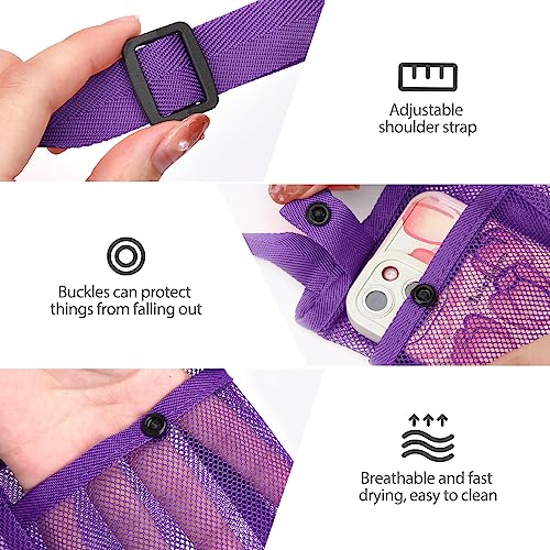 Water Bottle Bag with Strap, Mesh Water Bottle Holder Crossbody Bottle Sling Bag Adjustable Shoulder Strap and Pocket - Lightweight Water Bottle Carrier for Walking Sports Hiking Camping (Purple)