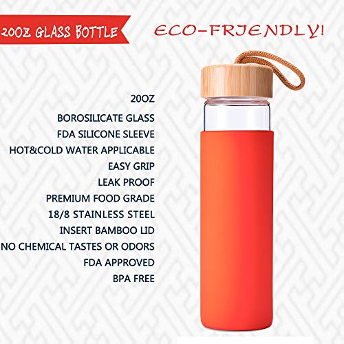 Yomious 20 Oz Borosilicate Glass Water Bottle with Bamboo Lid and Silicone Sleeve β Reusable BPA Free β Glass Drinking Bottle with Lids - Cute Glass Bottle for Women - Glass Shaker Bottle