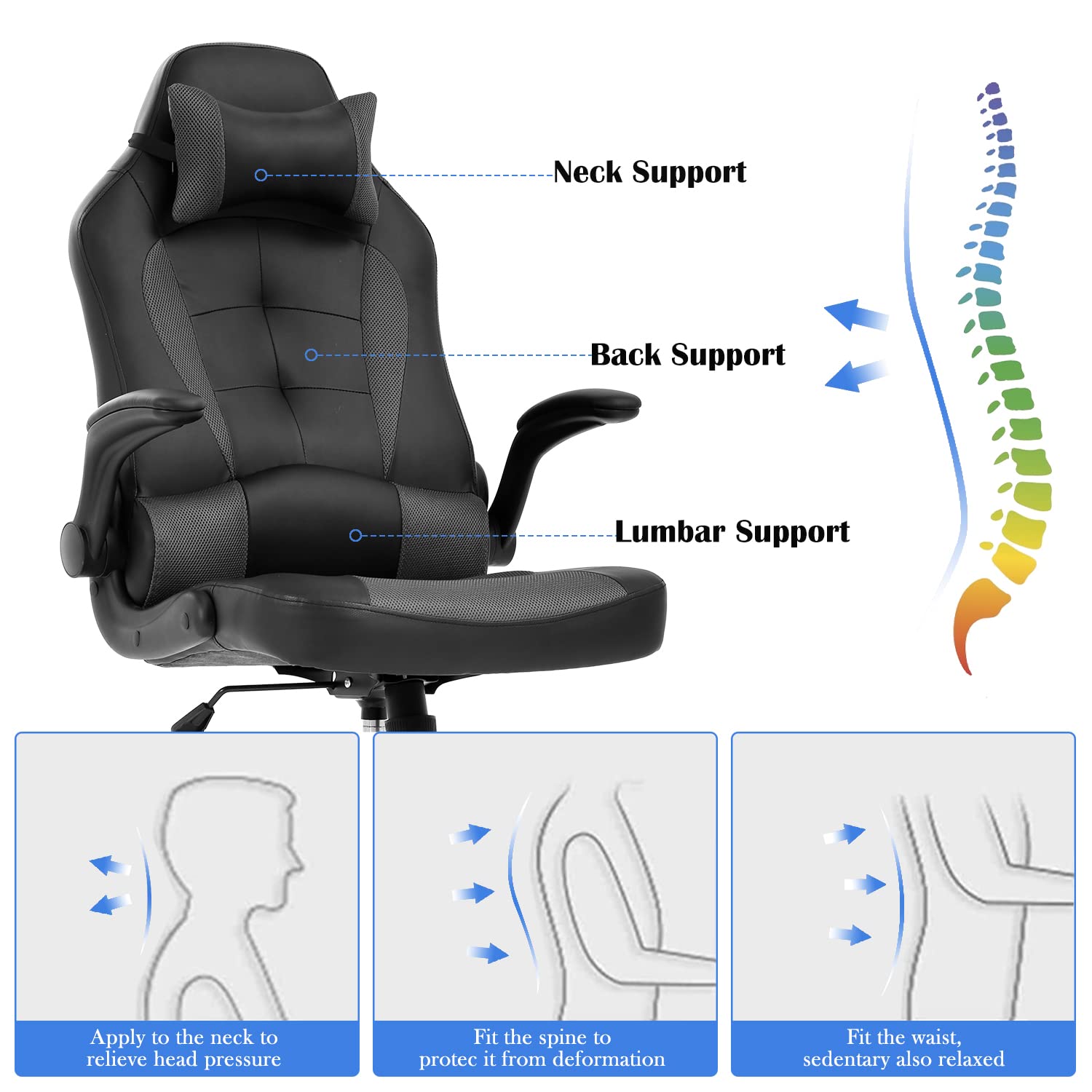 Gaming Chair Computer Chair Ergonomic Office Chair with Lumbar Support& Headrest& Armrest, Adjustable PU Leather High Back Desk Chair Racing Executive Rolling Swivel Task Chairs, Grey