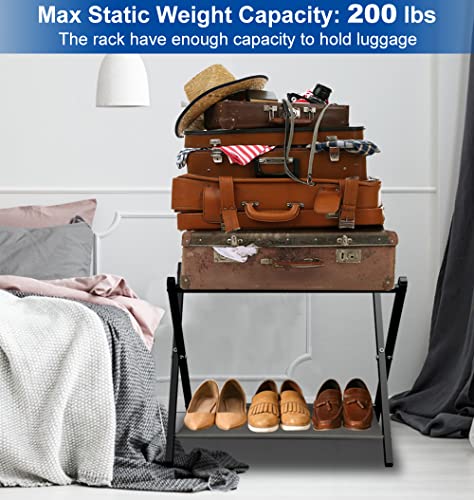 Queension Folding Luggage Rack Stand with Shelf for Guest Room, Foldable Metal Suitcase Storage Caddy Holder for Bedroom Hotel Essentials, Black, 1pack