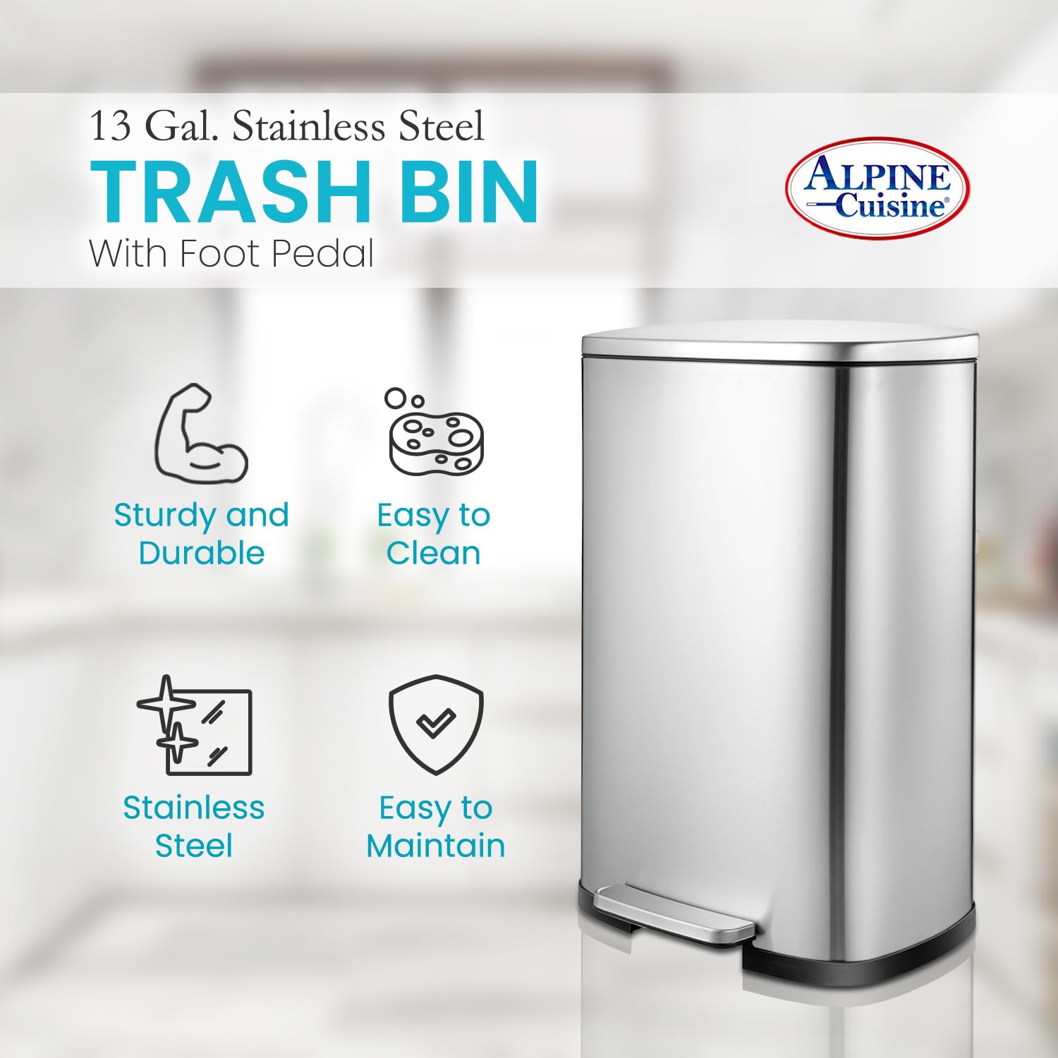 Stainless Steel Step Trash Bin - 13 Gallon (50L) Rectangular Pedal Bin with Soft Close Lid & Removable Inner Bucket, Fingerprint-Resistant Kitchen Trash Can, Ideal for Home, Office, or Commercial Use