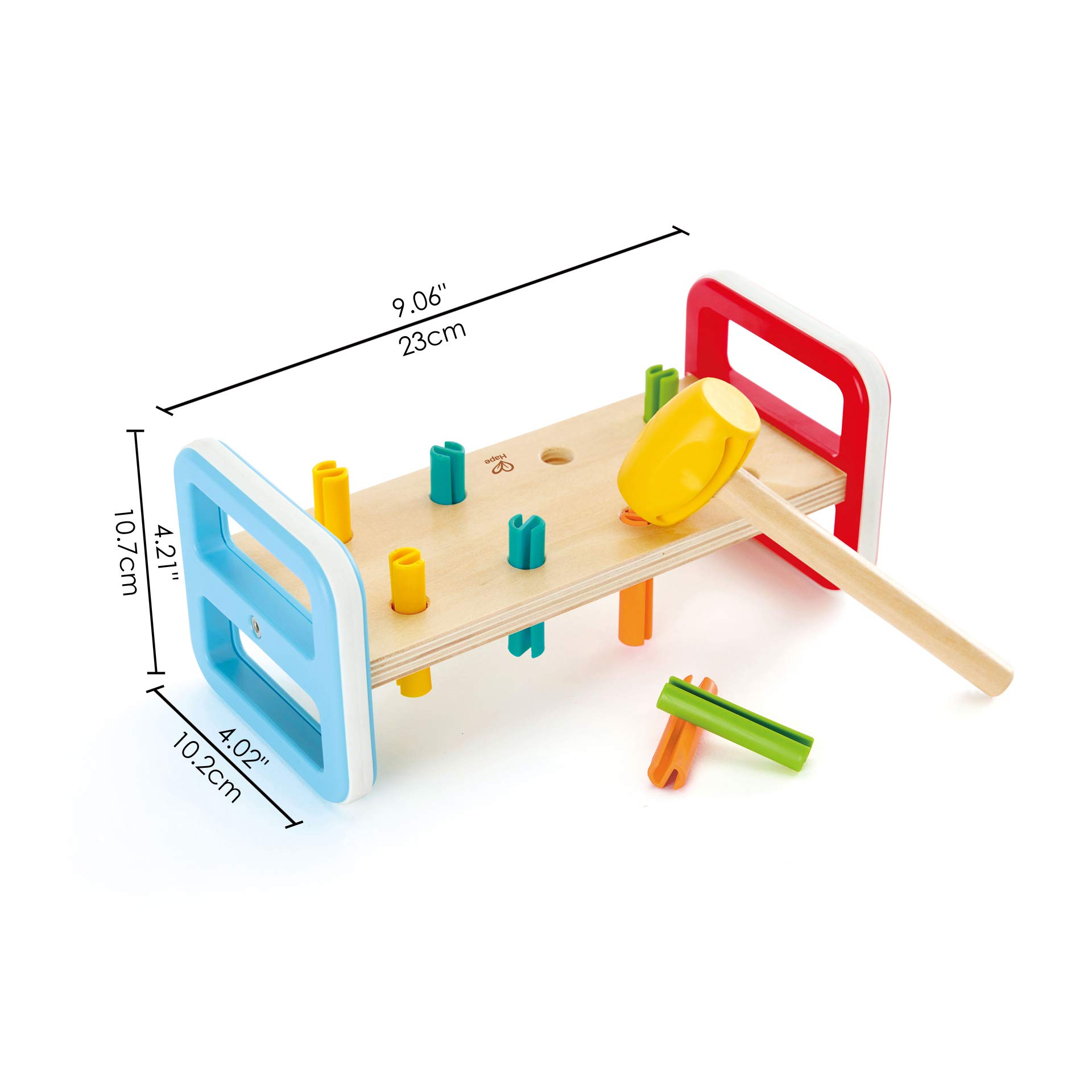 Hape Rainbow Pounder| Pounding Bench Wooden Toy with Hammer Blue, Red, Orange, Green, Yellow, Wood, L: 9.1, W: 4, H: 4.2 inch