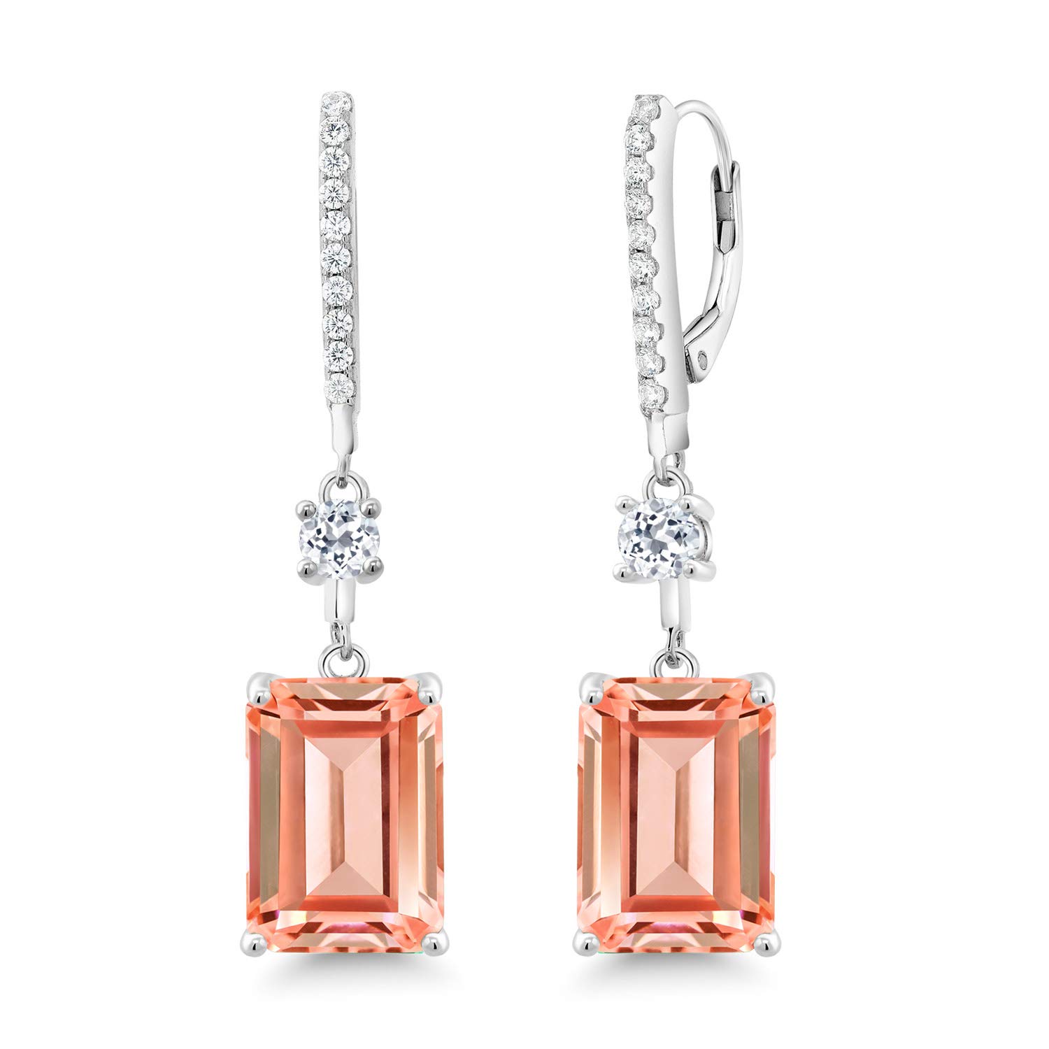 Gem Stone King 925 Sterling Silver Peach Nano Morganite and White Topaz Dangle Earrings For Women (13.56 Cttw, Emerald Cut 14X10MM)