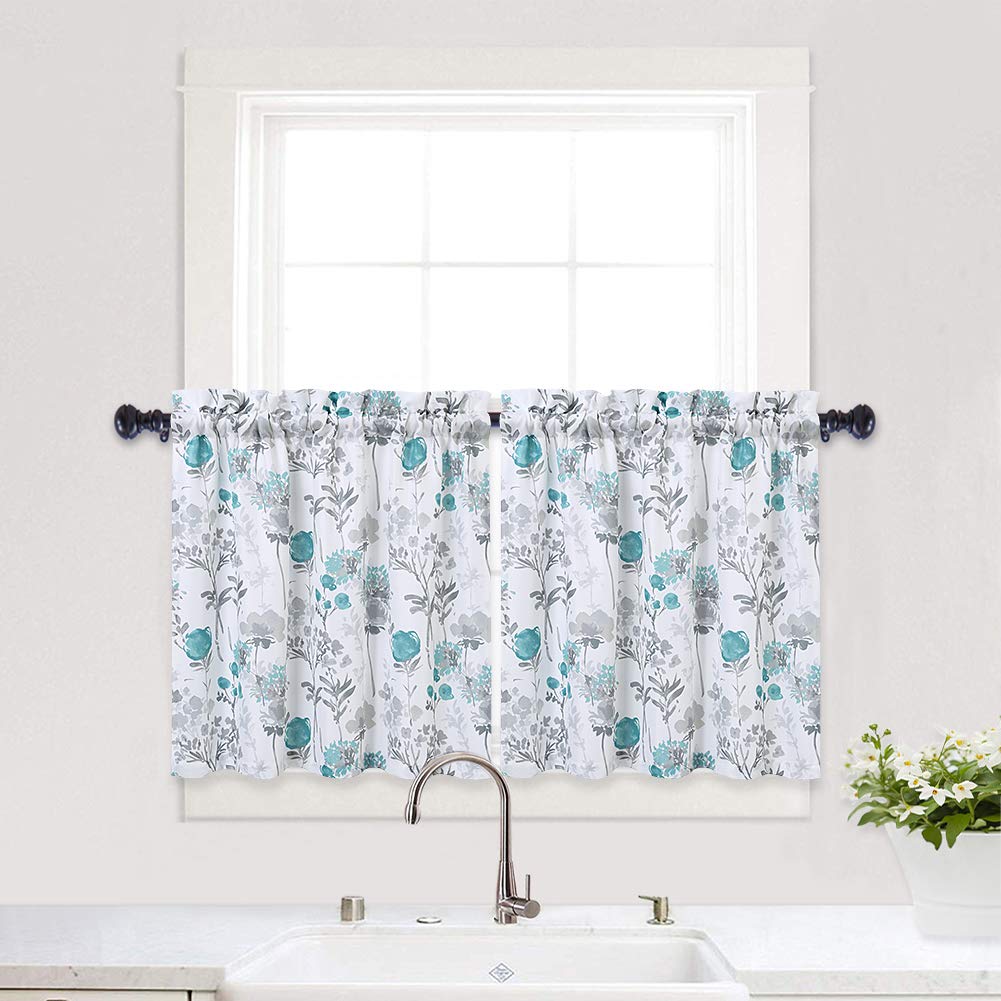 Haperlare Cafe Curtains 24 Inch, Navy Blue Leaf Flower Printed Short Tier Curtains for Kitchen Bathroom Window Curtain, Navy Blue/Light Blue