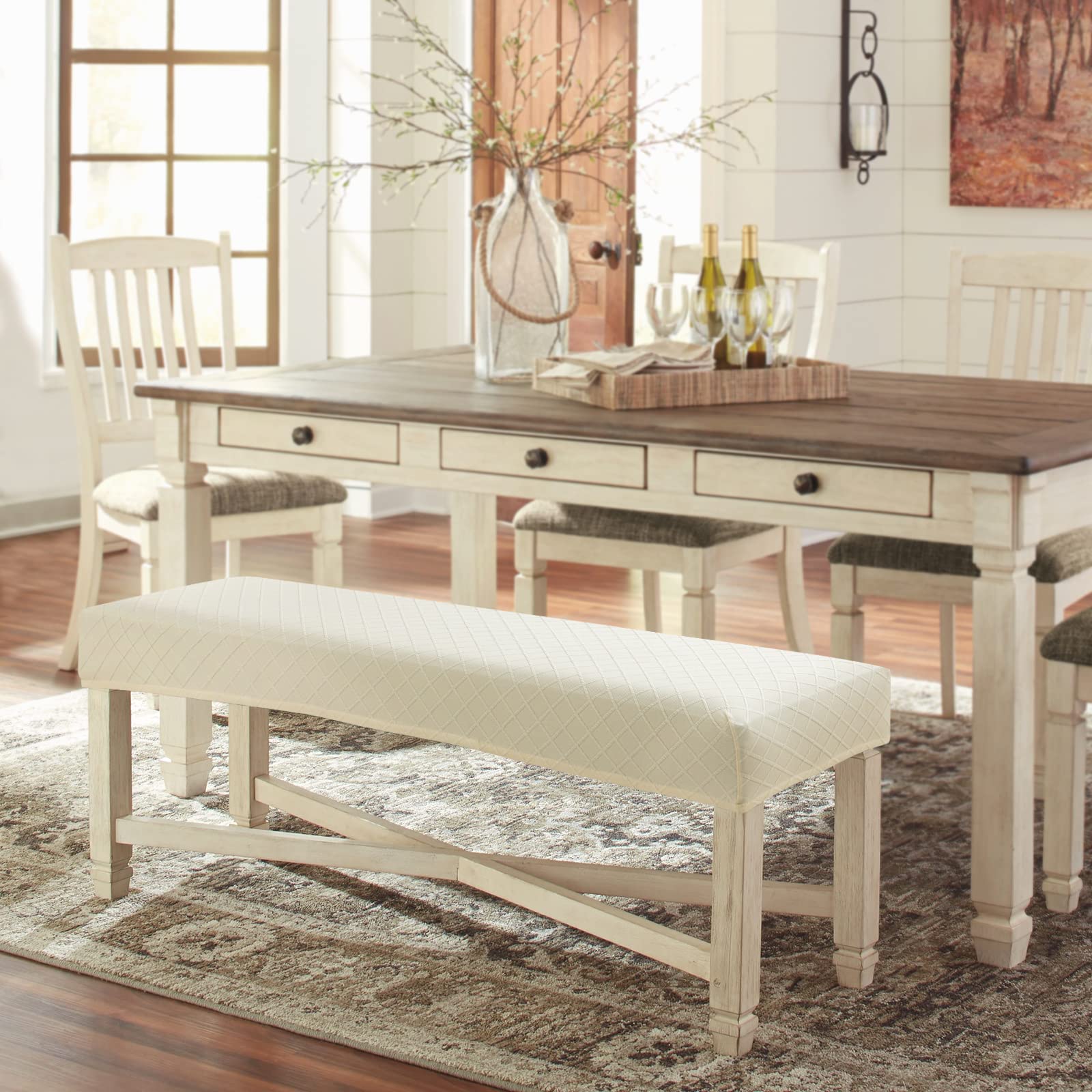 Fuloon Stretch Jacquard Dining Bench Cover - Anti-Dust Removable Bench Slipcover Washable Bench Seat Protector Cover for Living Room, Bedroom, Kitchen (Beige)