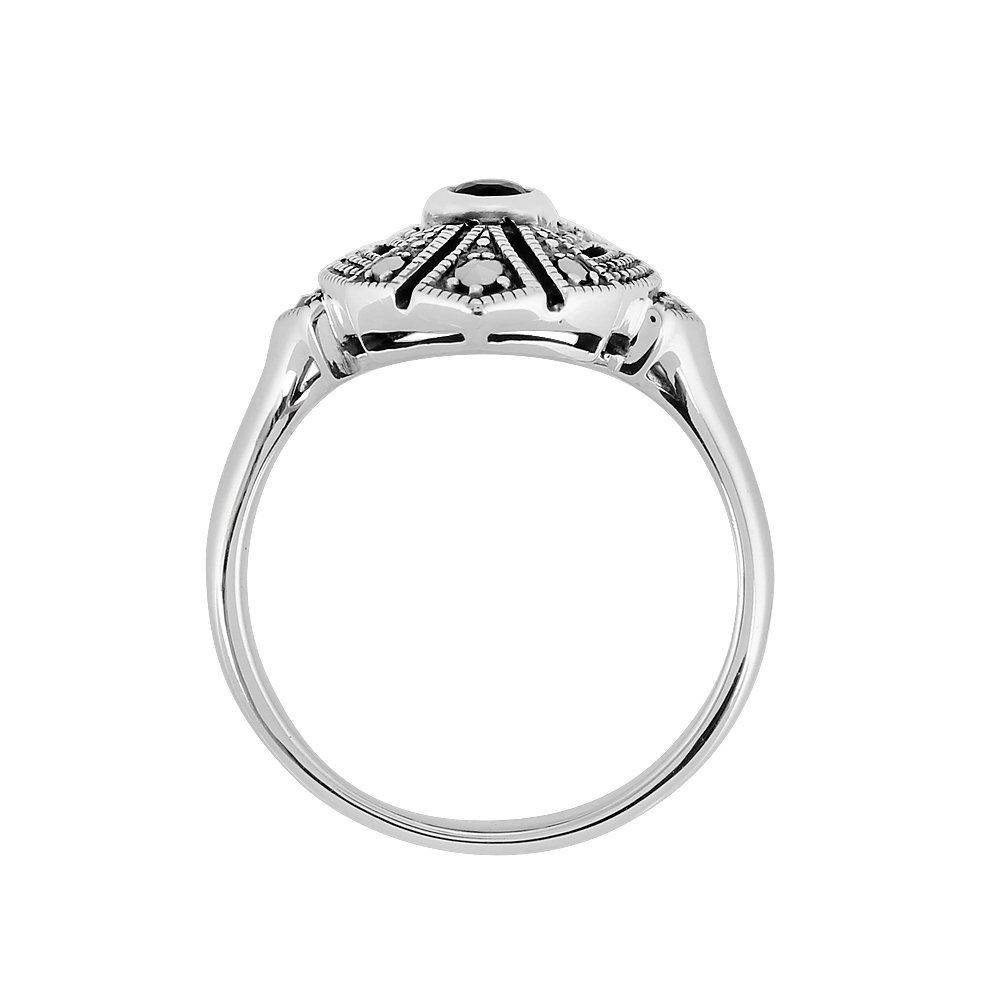 Gemondo 925 Sterling Silver Black Onyx & Marcasite Art Deco Ring