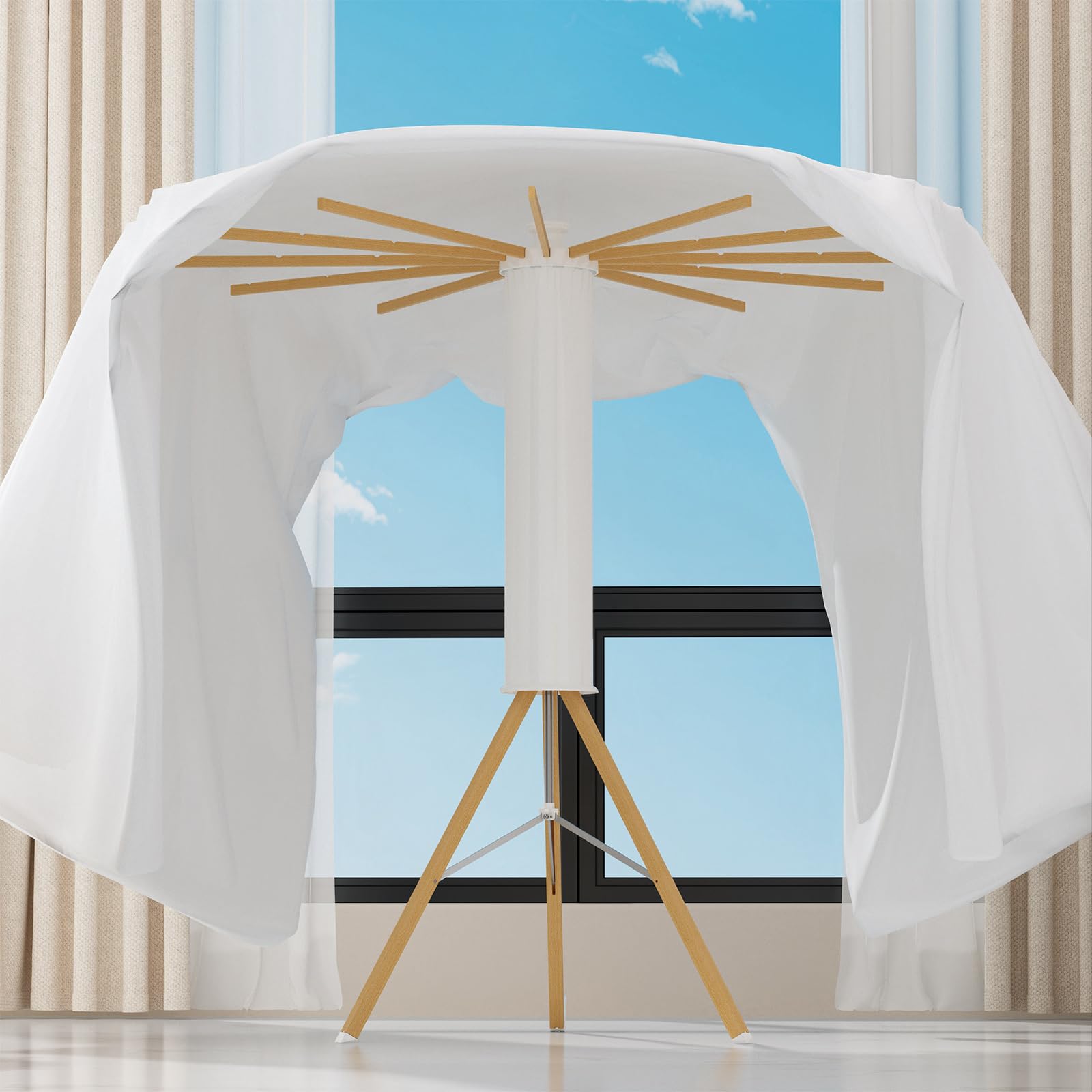 Tripod Drying Rack Portable, Foldable Drying Rack Clothing with 12 Wood Drying Arms, Standing Laundry Hanger Rack Round Collapsible & Portable Handle for Laundry Room, Balcony, Bedroom, RV