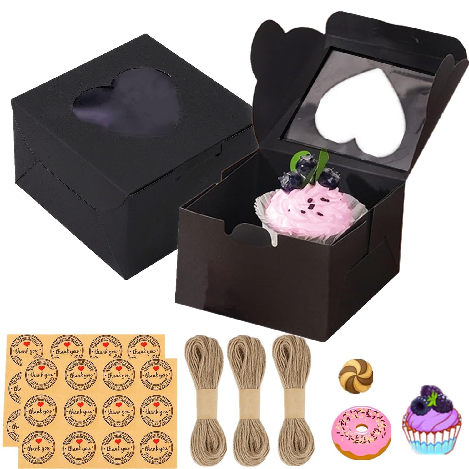 Gbateri 50 Pack Small Bakery Boxes with Window 4x4x2.5 Inch - Mini Cake Boxes- 4 Inch Cookie Boxes - Pastry Boxes - Small Treat Boxes - Dessert Boxes for Cupcakes Donuts Strawberries Muffins (Black)