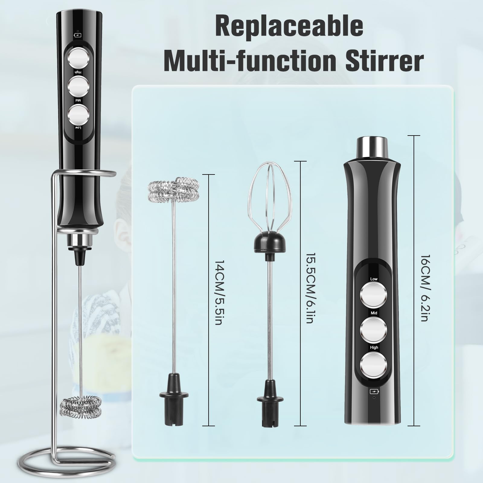 Rechargeable Milk Frother Handheld for Coffee, Stirrers Electric Whisk with Wall Mounted Stand, Drink Mixer Hand Frother Wand (MF02)
