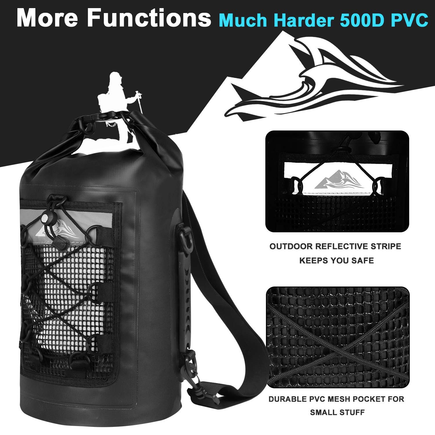 HEETA Waterproof Dry Bag for Women Men(Upgraded Version), 5L/ 10L/ 20L/ 30L Roll Top Lightweight Dry Storage Bag Backpack with Phone Case, Black 10L