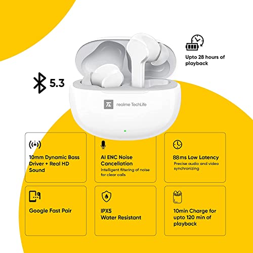 realme TechLife Buds T100 | IPX5 Water Resistance | Bluetooth 5.3 | up to 28 Hours Total Playback - (White)