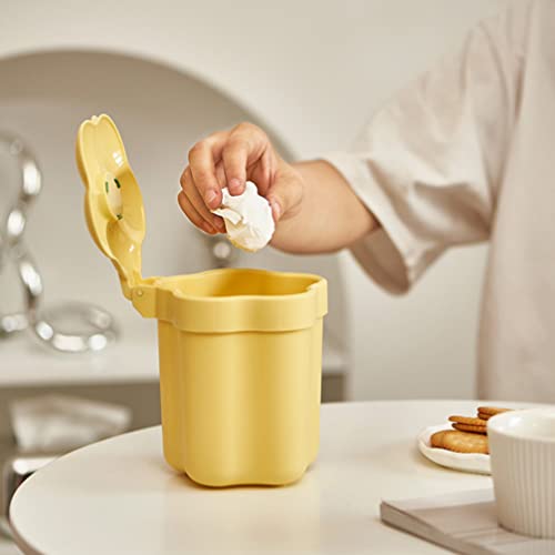 STOBOK Desktop Trash Can Mini Cute Waste Paper Basket with Lid Cartoon Flower Design Garbage Container Bin for Home Office Bedroom Nursery Room Yellow