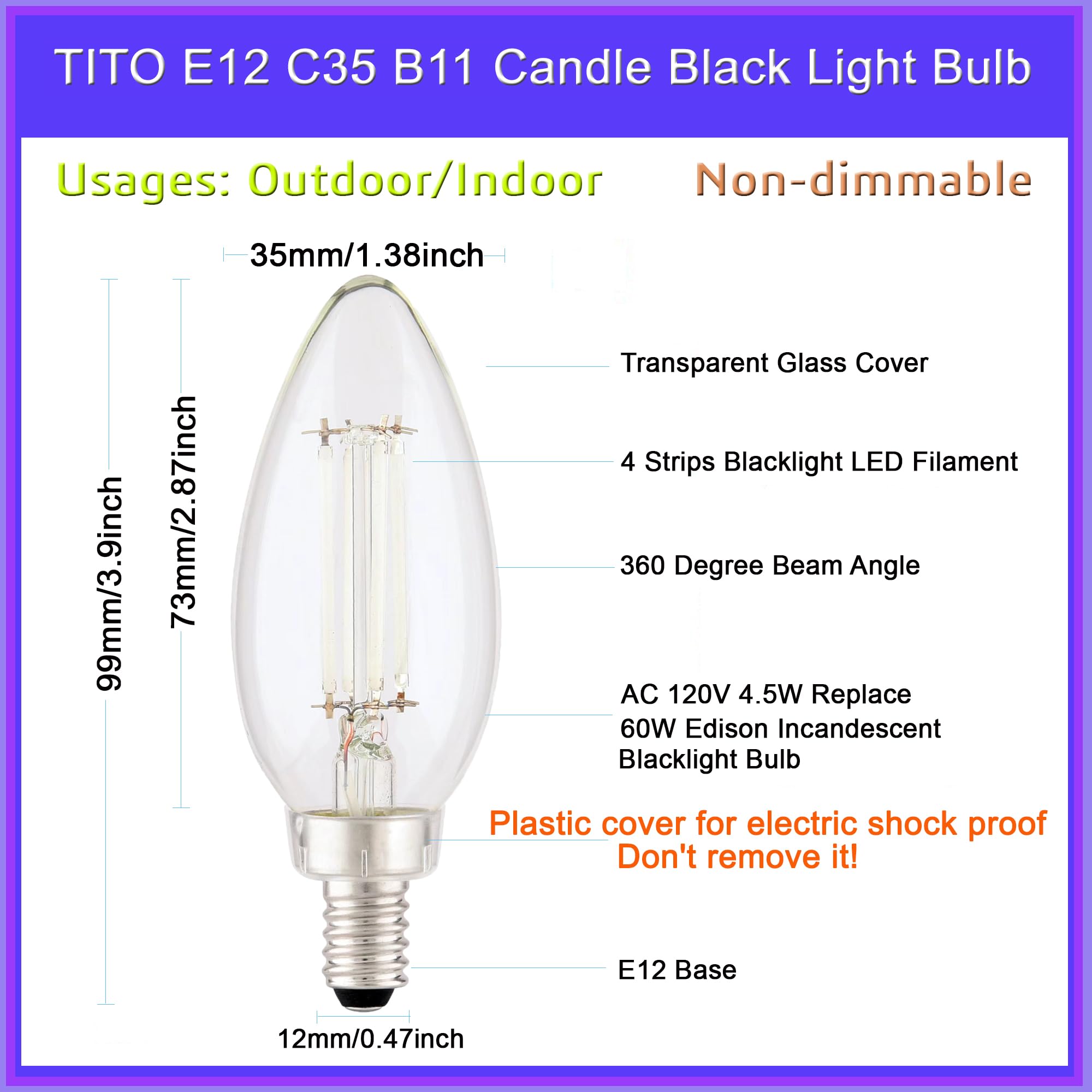 TITO 6 Pack E12 B11 Filament LED Candle Black Light Bulbs, UVA 395nm 4.5W Candelabra Black Light Bulb, 60W Blacklight Bulb Equivalent, Glow in Dark Halloween Christmas Party Fluorescent Posters Decor