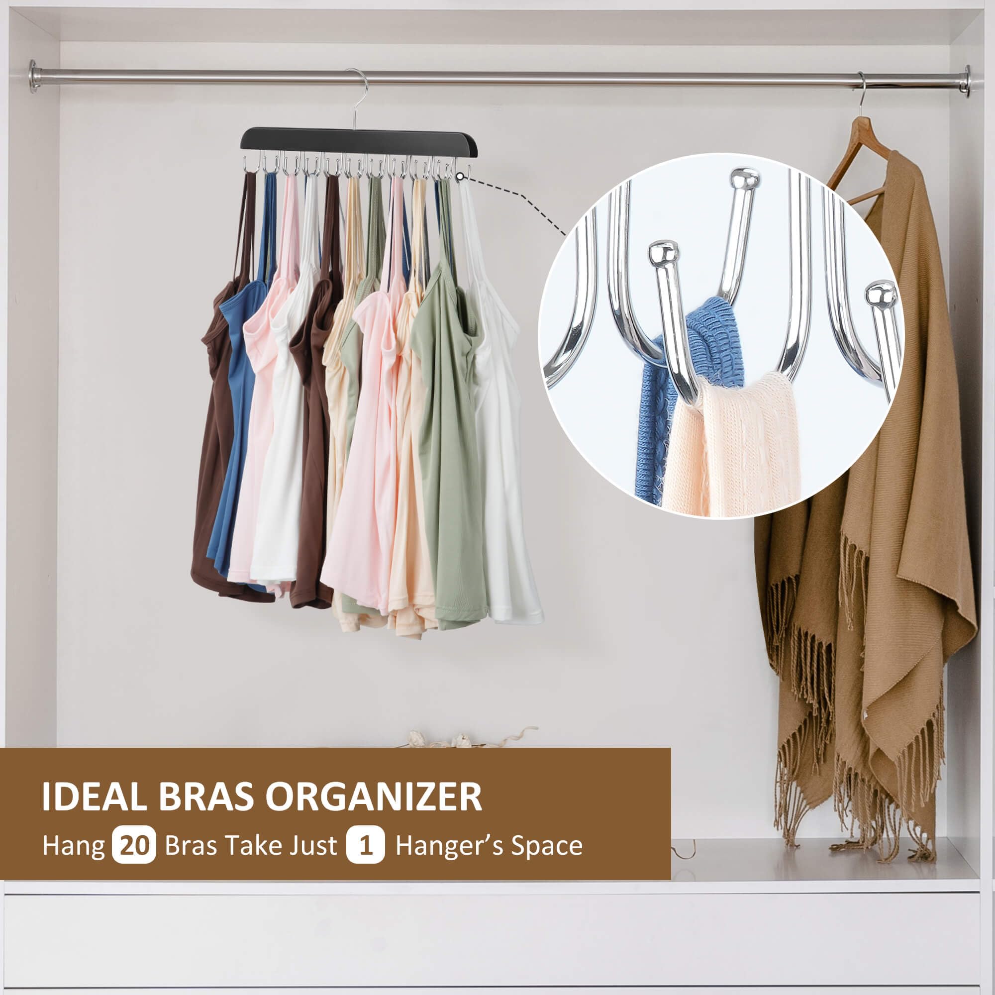 ZEDODIER Bra Hanger for Closet, Tank Top Hanger 20 Hooks Capacity, Wood Space Saving Hanger Closet Organizers and Storage for Dorm & Apartment, Black