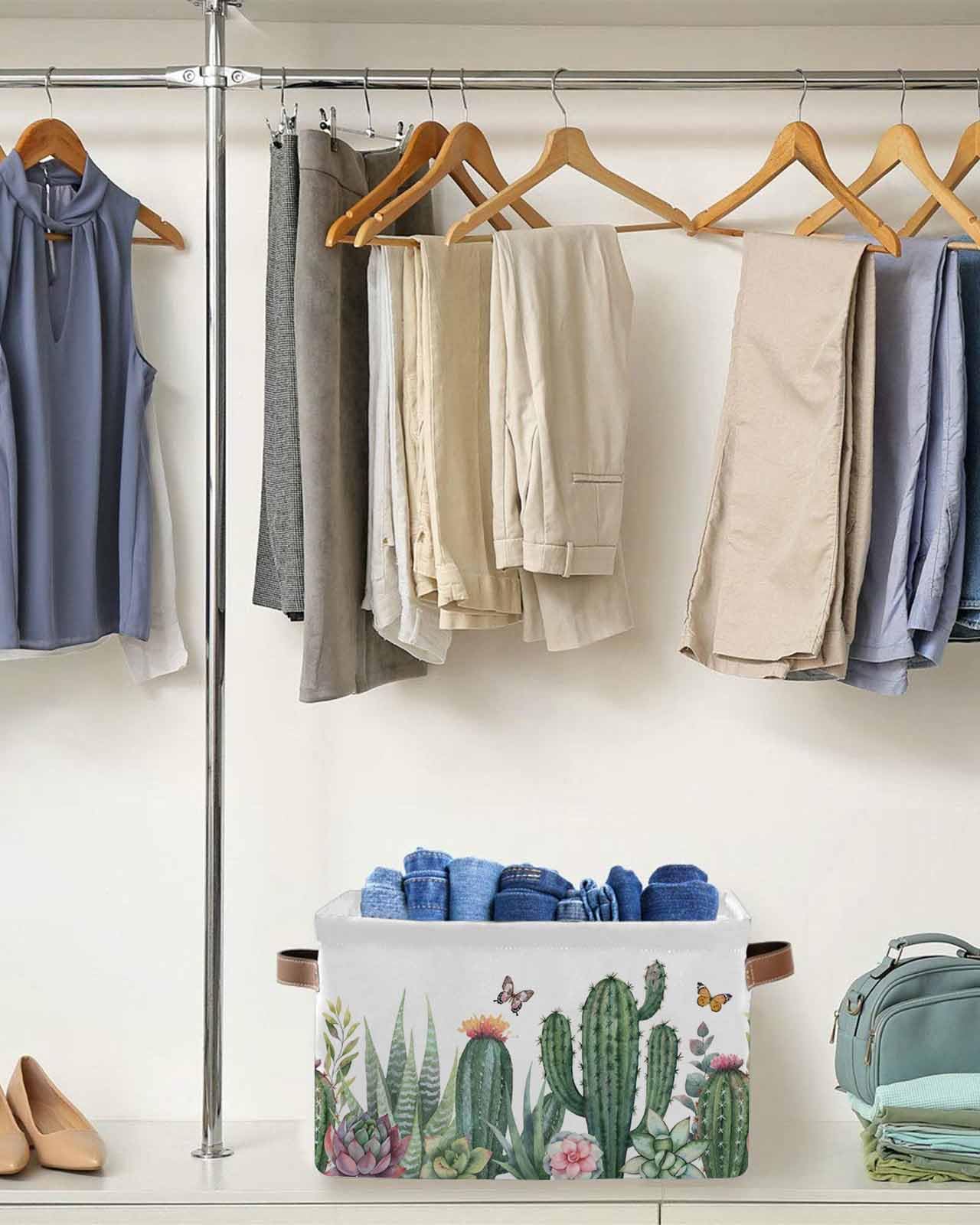 Tropical Cactus Cube Storage Organizer Bins with Handles,15x11x9.5 Inch Collapsible Canvas Cloth Fabric Storage Basket,Books Bin Boxes,Closet Green Summer Fall Succulent Plant Butter-fly 1 Pack