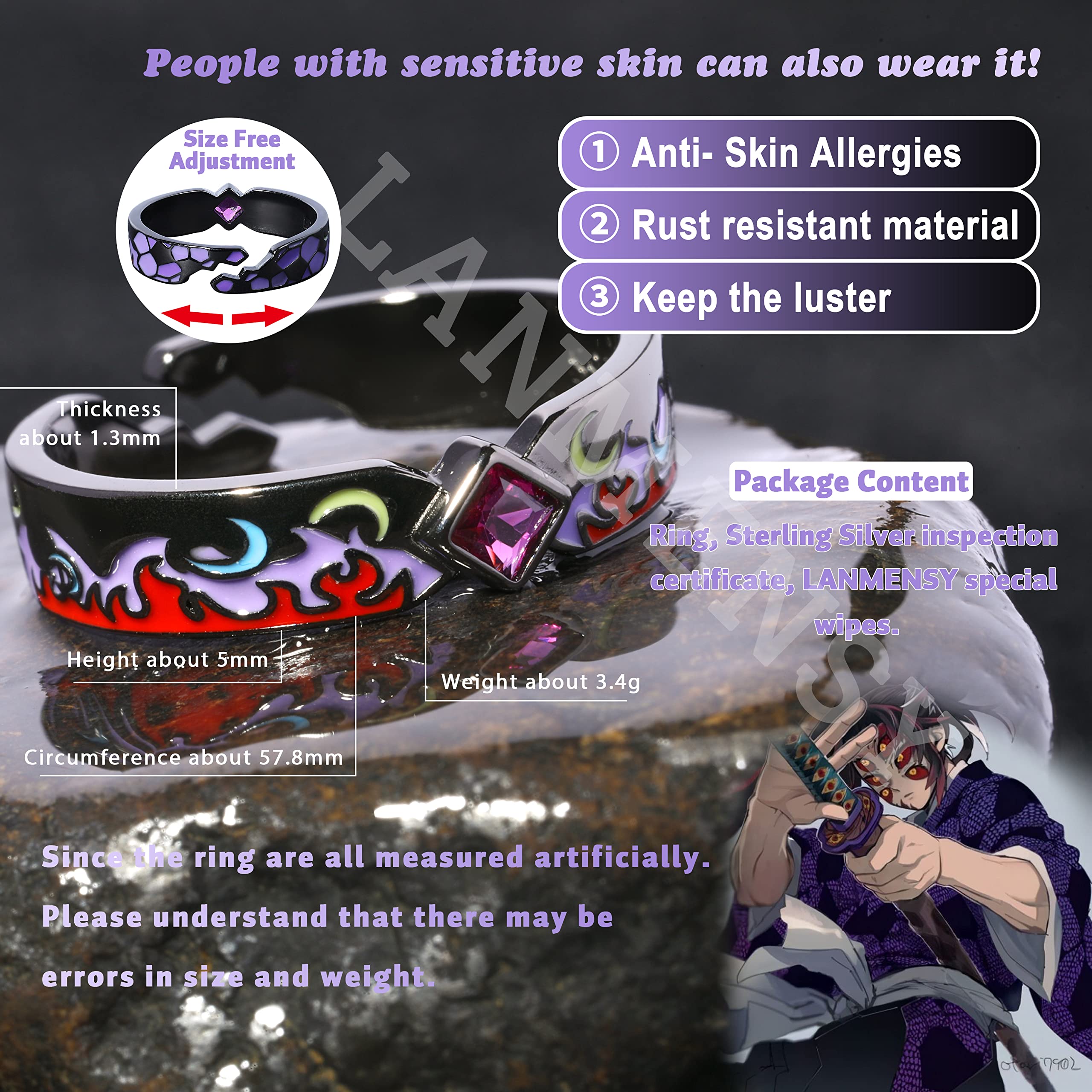 LANMENSY Demon Slayer Kokushibo Ring New Version Fashion Anime Style Jewelry Sterling Silver 925 Size Adjustable Cosplay Gift