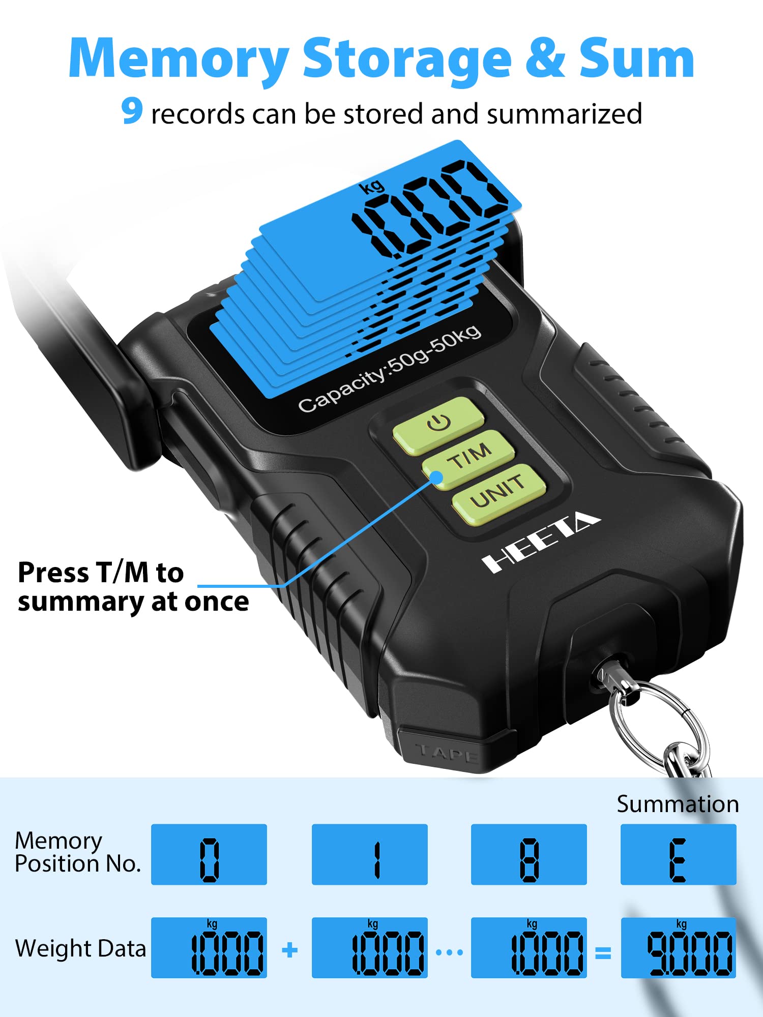 HEETA Waterproof Fishing Scale, Digital Fish Scale 110lb/50kg with Memory Function, Portable Hanging Luggage Scale with Fluorescent Button, 40β Ruler, Backlit LCD Display- Weight Scale, Black