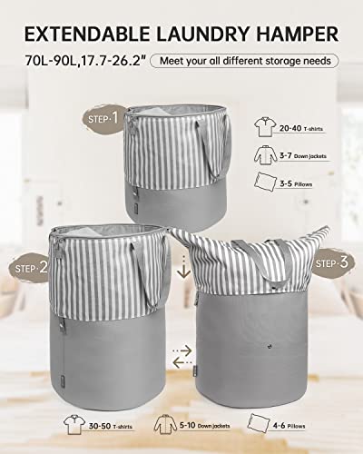 MULISOFT 90L Laundry Hamper with Handles & Zipper, Collapsible Large Laundry Basket, Foldable Clothes Hamper for Laundry, Dorm, Nursery, Bedroom, Travel, Storage for Toys, Blankets, Clothes, Grey