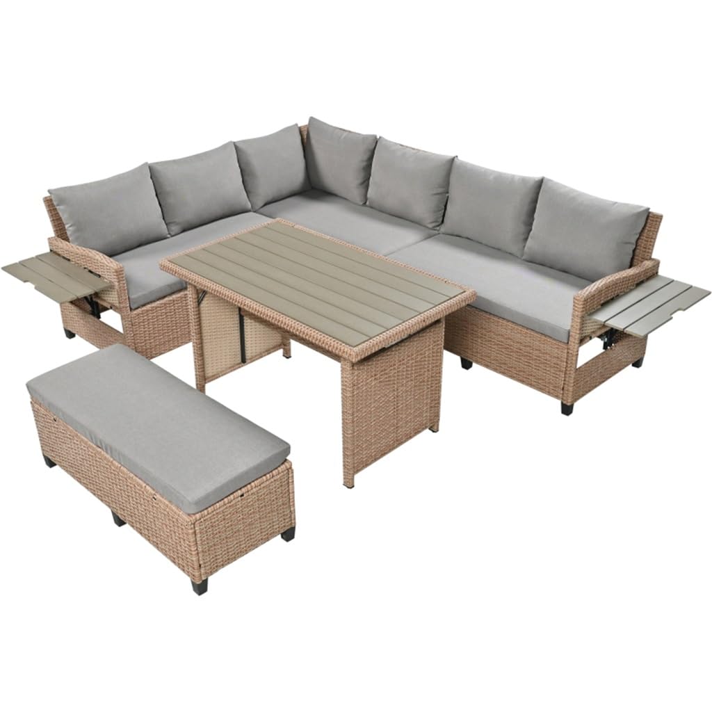 FZZDP 5-Piece Outdoor Patio Rattan Sofa Set, L-Shaped Garden Furniture Set with 2 Extendable Side Tables, Dining Table