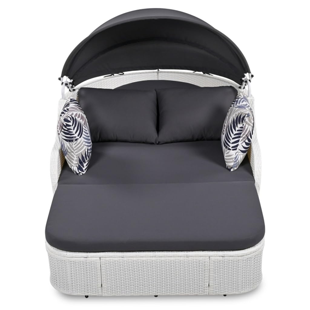 FZZDP 79.9" Outdoor Sunbed with Adjustable Canopy, Double Lounge, PE Rattan Daybed, White Wicker