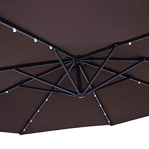 Sunnydaze 10-Foot Offset Cantilever Brown Solar Patio Umbrella with Outdoor LED Lights Crank and Cross Base and Set of 4 Black Heavy-Duty Cantilever Offset Patio Umbrella Base Plates Bundle