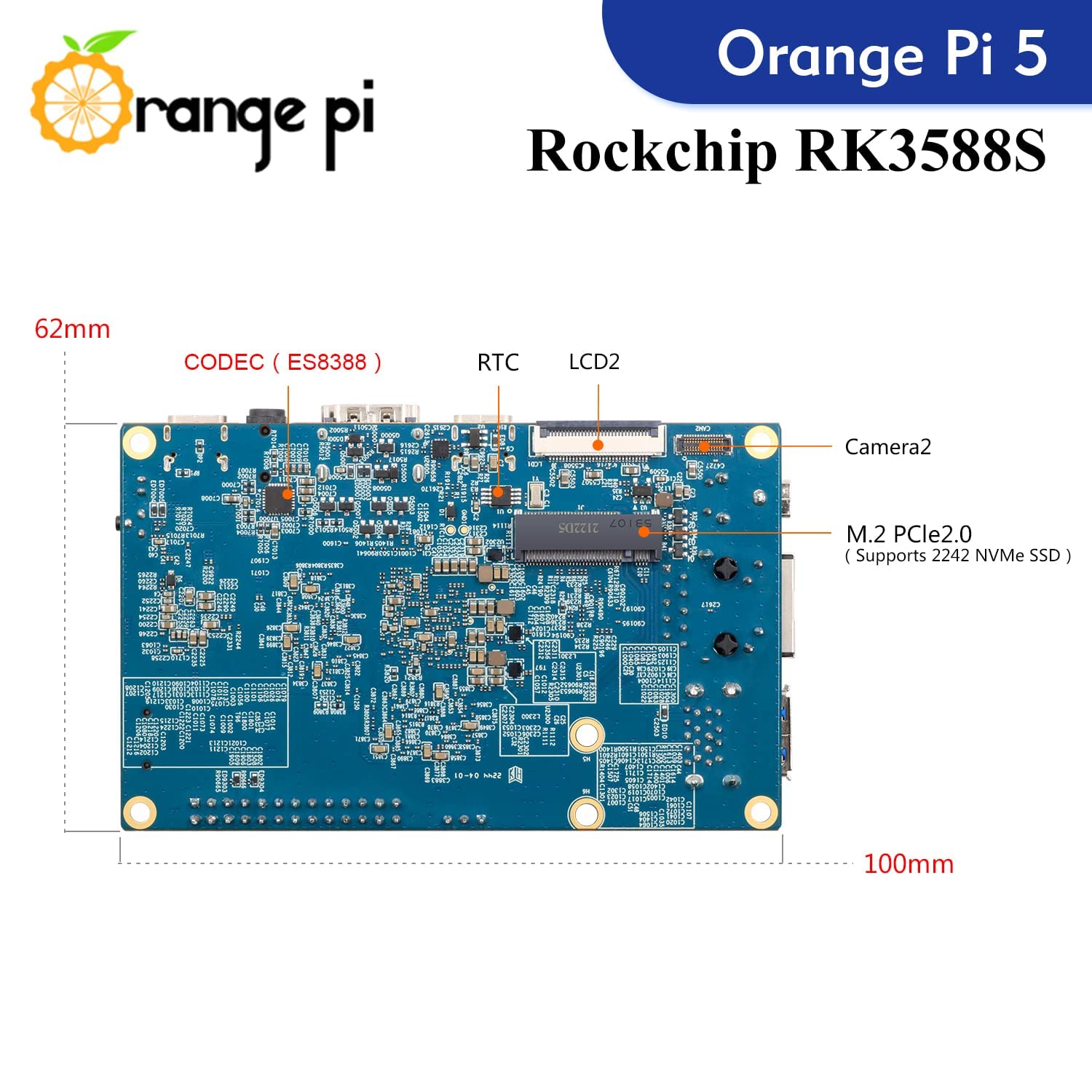 Orange Pi 5 4GB LPDDR4 Rockchip RK3588S Octa-core ARMR 64 Bit 8nm LP Process with QSPI Nor FLASH 16MB, 8K Video Codec Single Board Computer Run Orange Pi OS、Android12 、Debian12etc OS