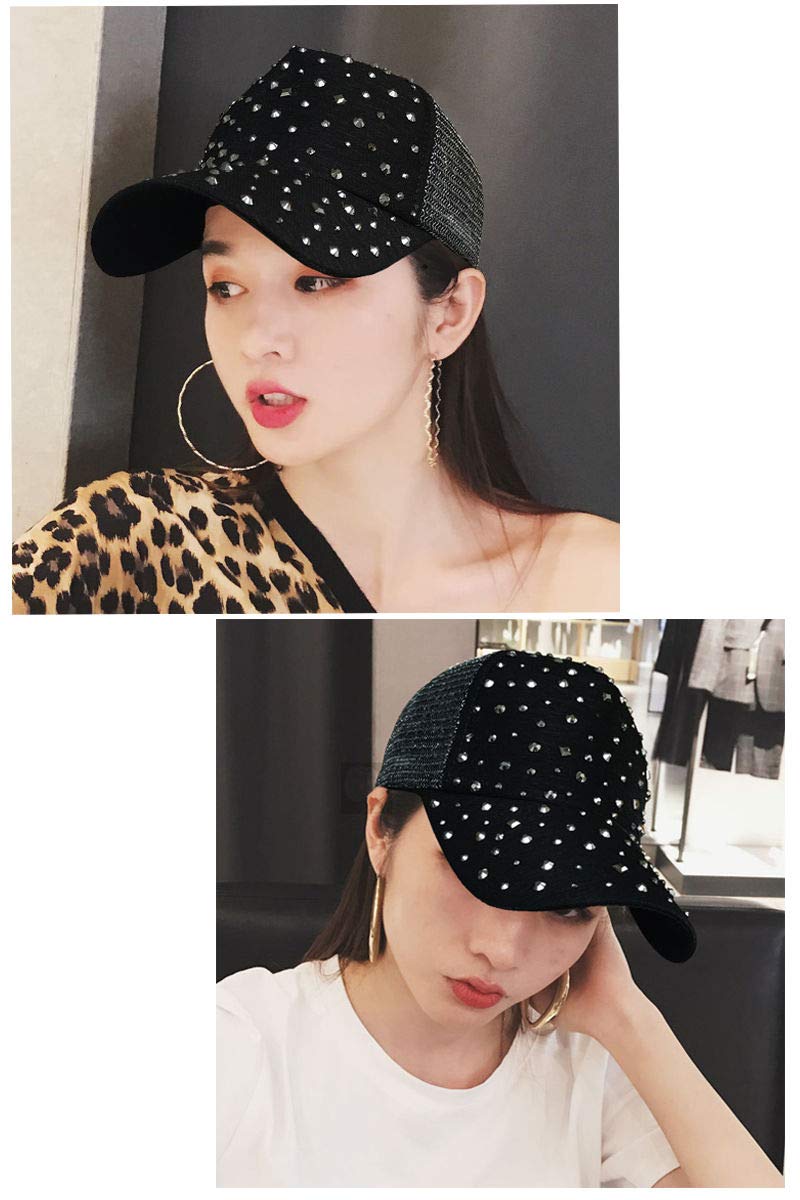 Gudessly Adjustable Breathable Rhinestone Baseball Cap for Women Bling Sequins