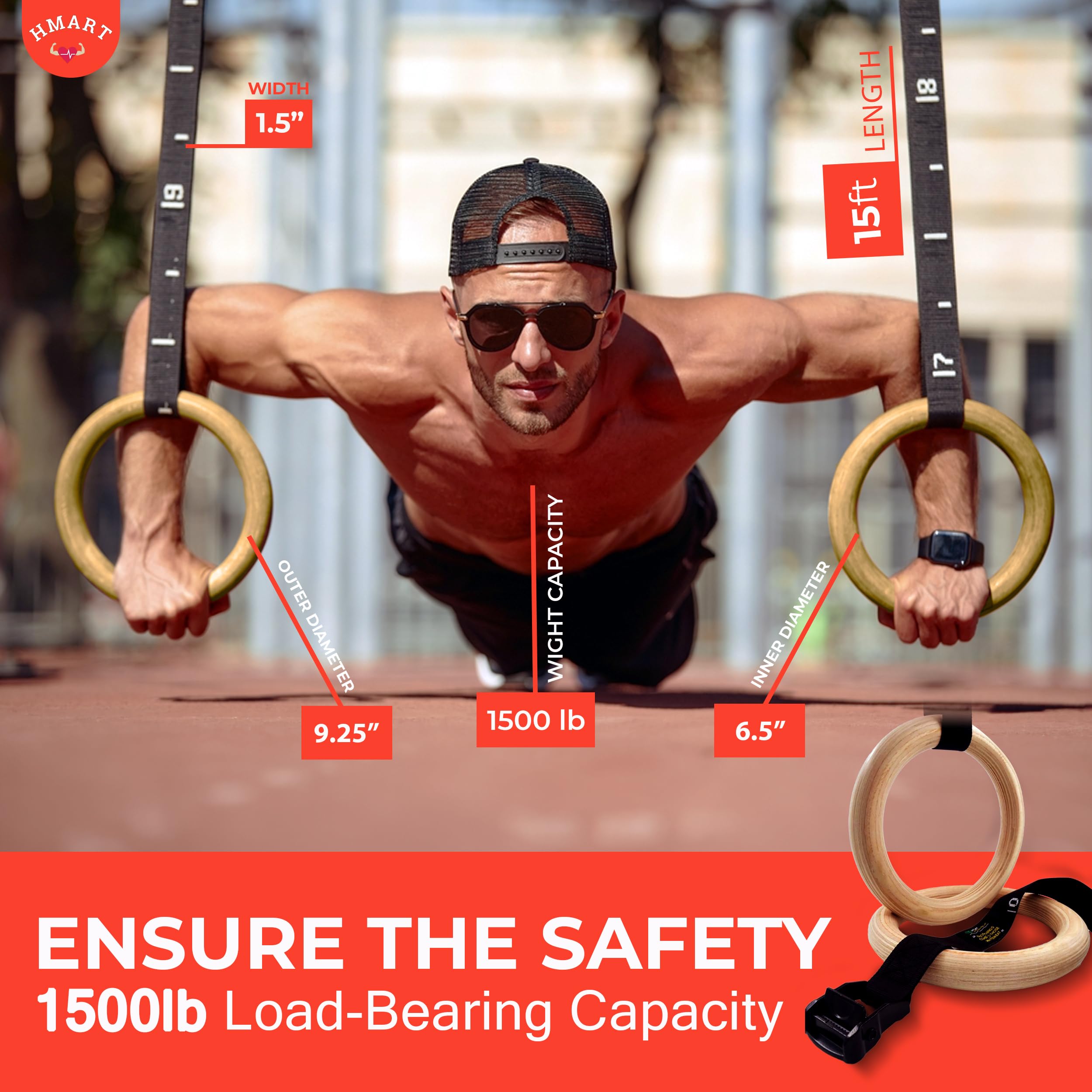 HMART Wooden Gymnastic Rings 1600Ibs Capacity with Loop Bands – 15ft Woven Adjustable Numbered Straps Anti-Slip Sweat-Absorbent Hand Tape – Pull Up Rings for Home Outdoor Exercise Gym Rings