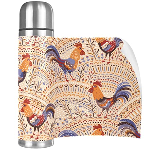 Seamless Art Cock Rooster Stainless Steel Water Bottle, Leak-Proof Travel Thermos Mug, Double Walled Vacuum Insulated Flask 17 OZ