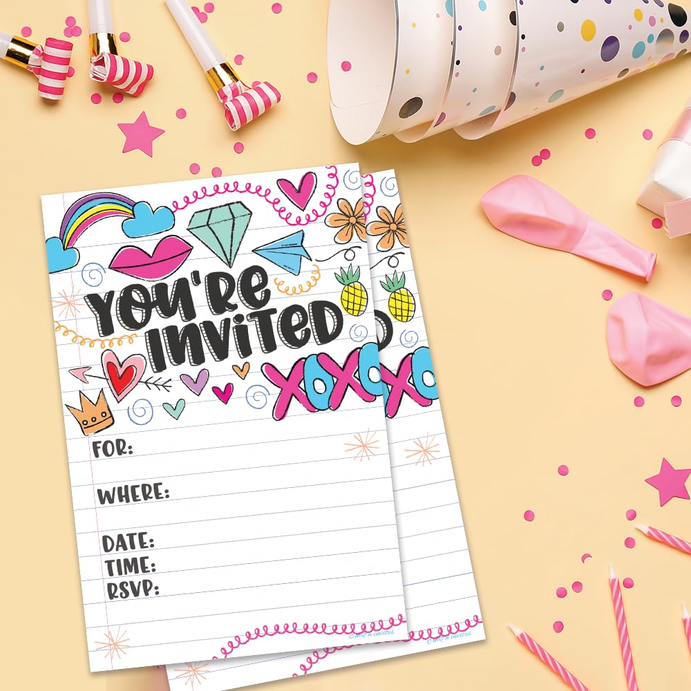 Fun Girl Doodles Invitations (20 Count) With Envelopes - Pre Teen - Tween Birthday Invitations
