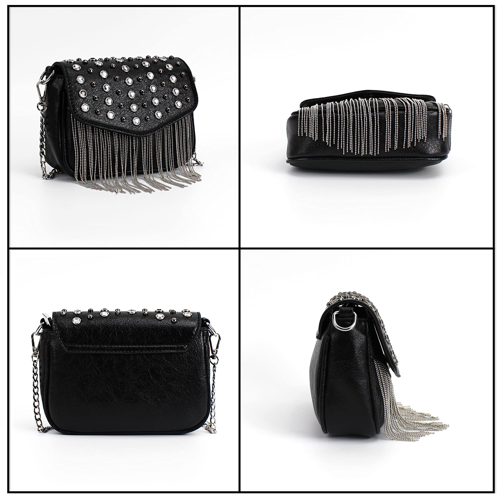 Heidi Women's Small Studs Rivet Crossbody Handbag Fashion Shell Shape Shoulder Messenger Bag (Black(tassel2))