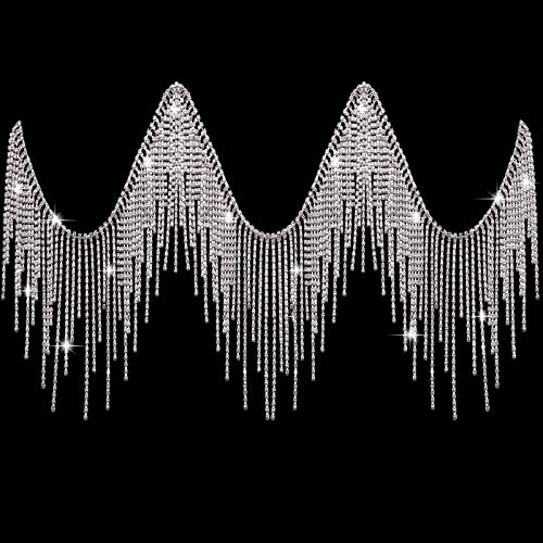 MTLEE Trim Rhinestone Fringe Belt Beaded Ribbon Tassel Chain for Jeans Clothing Accessories DIY Decoration (1 Yard, Silver)