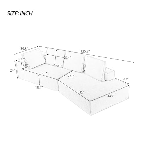 WOODRK 125.2'' Indoor Lounge Modular Sectional Sofa, Modern Upholstered Oversized Cloud Couch with Chaise Lounge, Comfy Chenille Fabric Curved Couches, for Living Room, Bedroom, Apartment, Gray